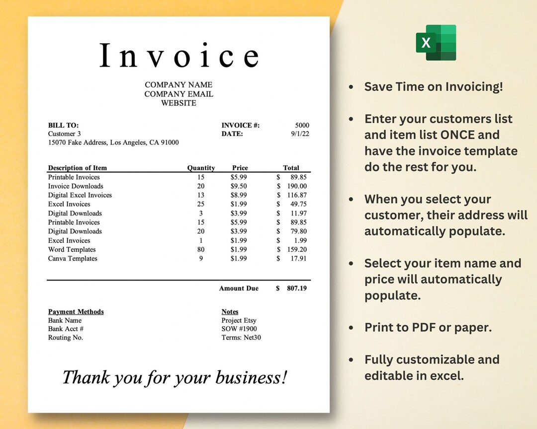 Simple Invoice Template, Excel Template, Downloadable Invoice ...