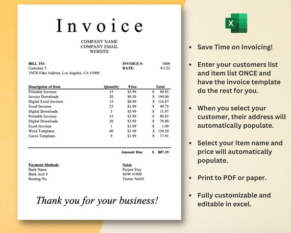 Simple Invoice Template Excel Invoice Excel Spreadsheet - Etsy