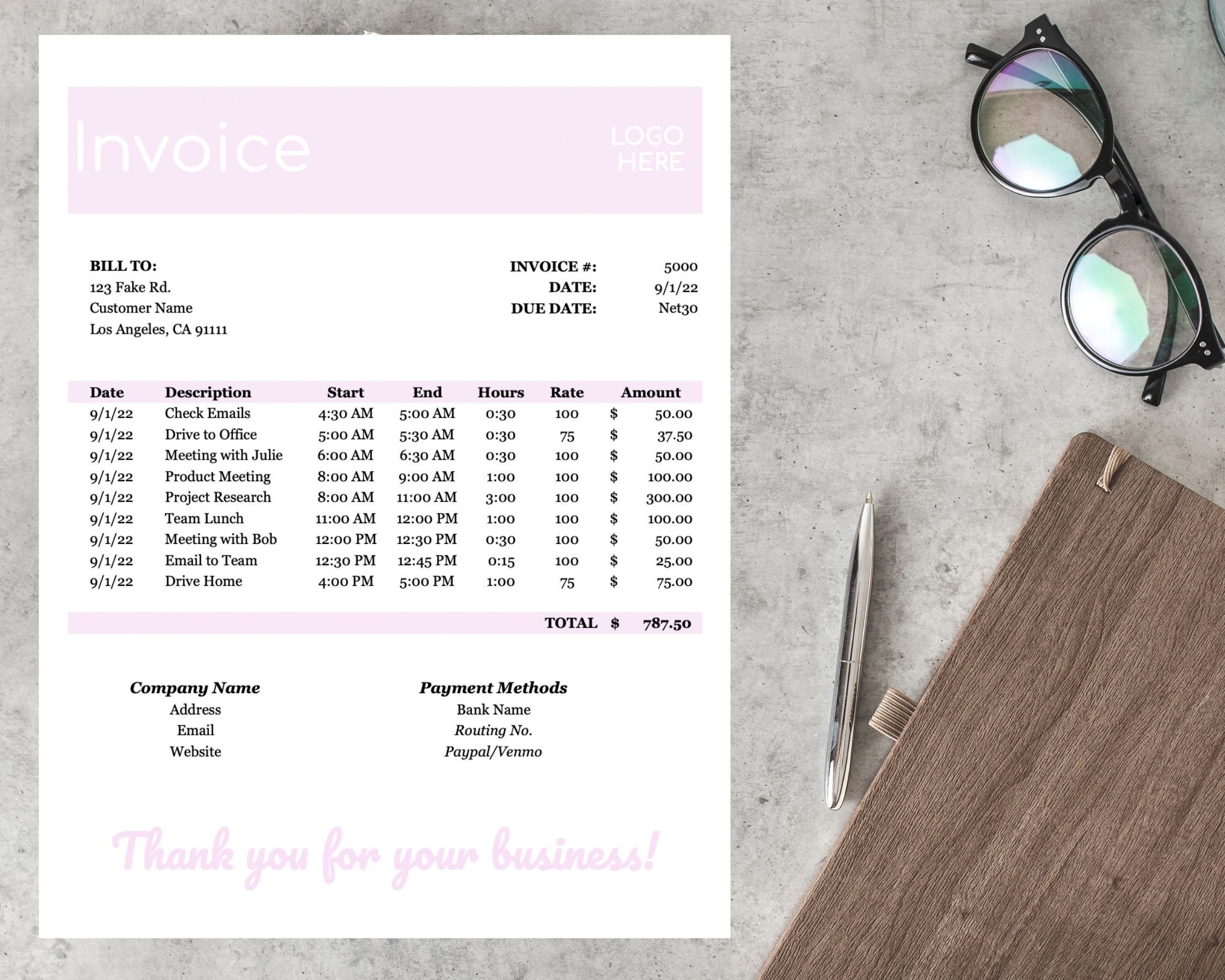 Simple Pink Invoice Template, Google Sheets Invoice, Small Business ...