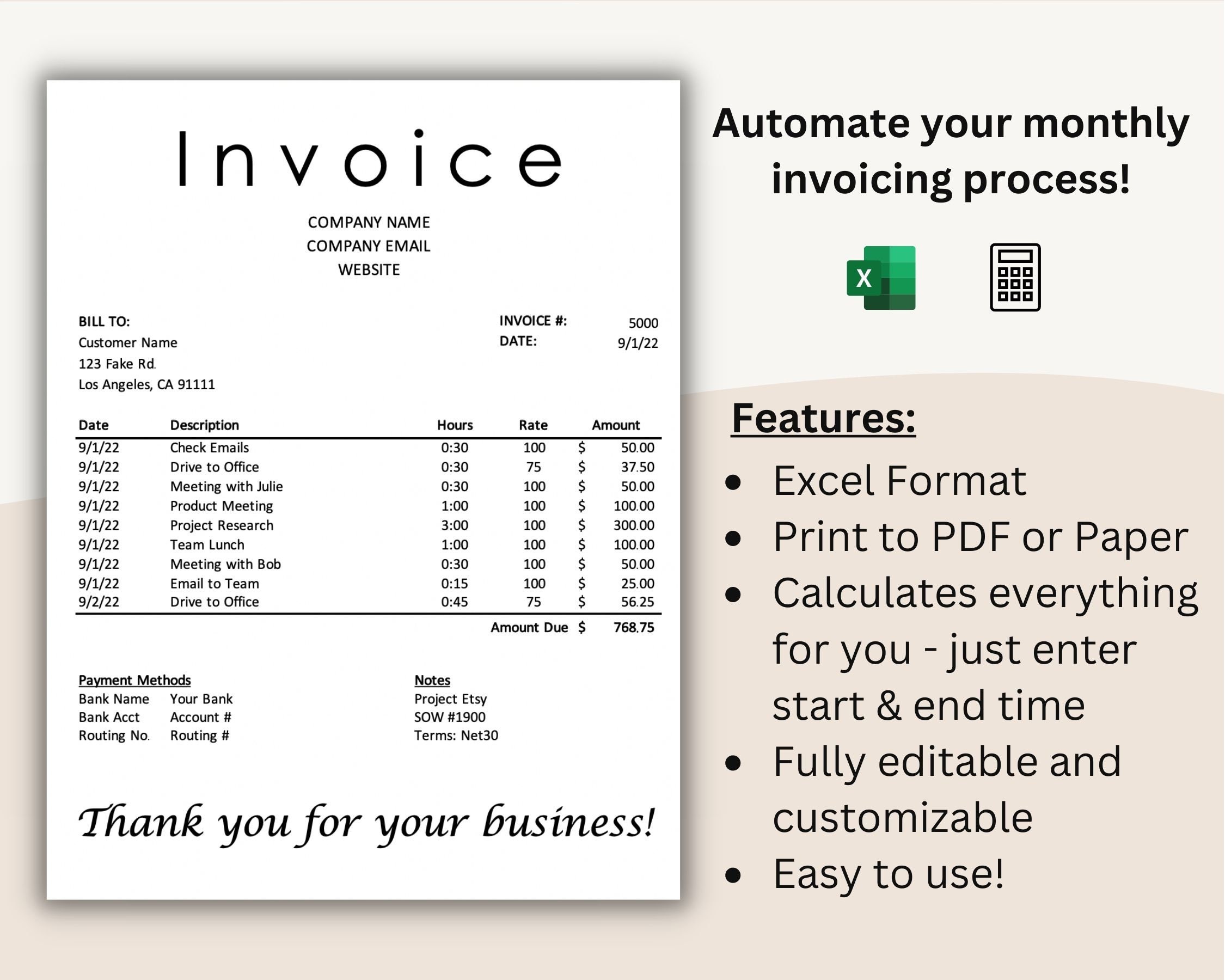 Modern Client Invoice Template, Excel Spreadsheet, Editable Template ...