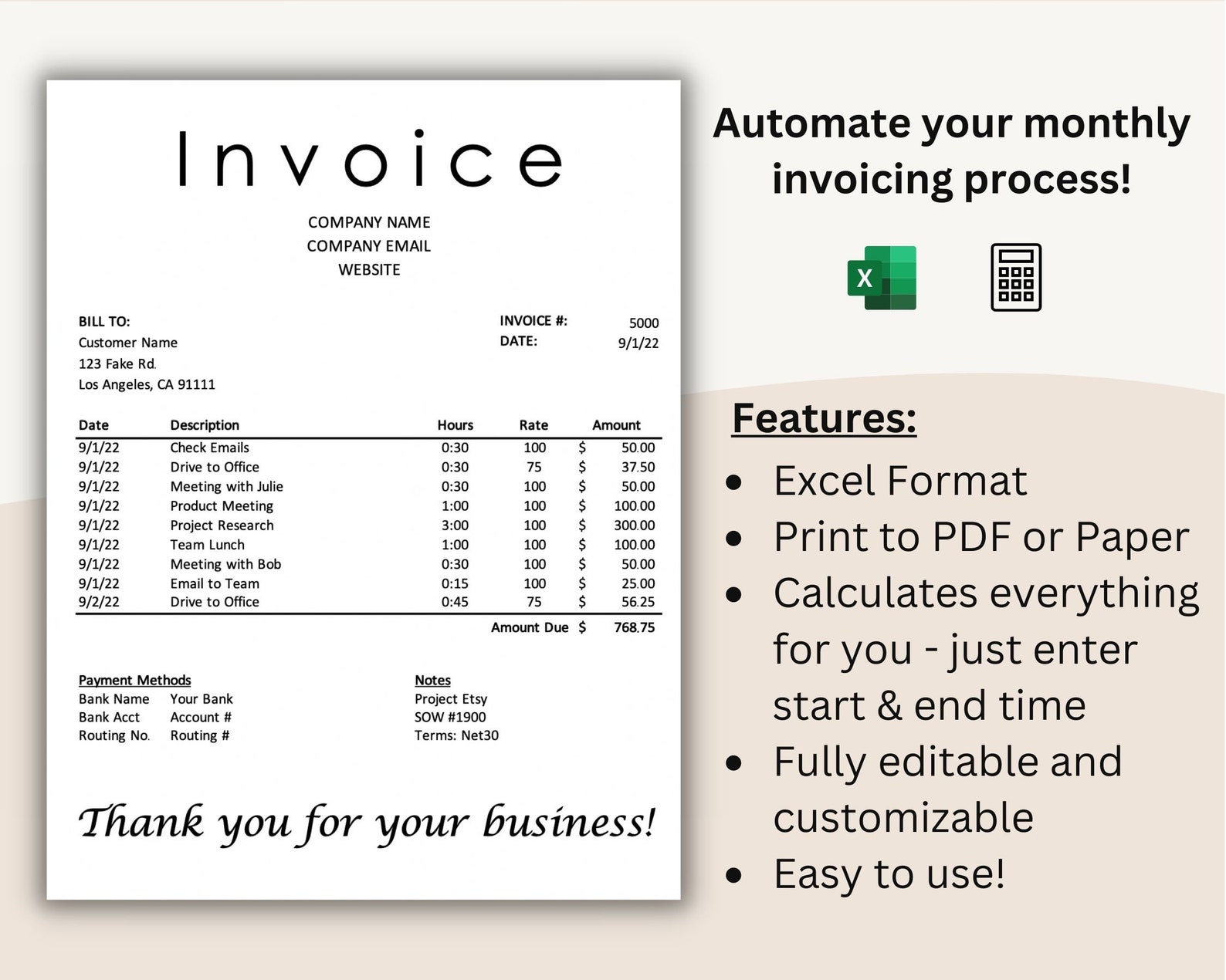 Simple Invoice Template, Excel Template, Downloadable Invoice ...