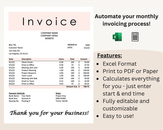 Simple Invoice Template Download Excel Invoice Excel - Etsy
