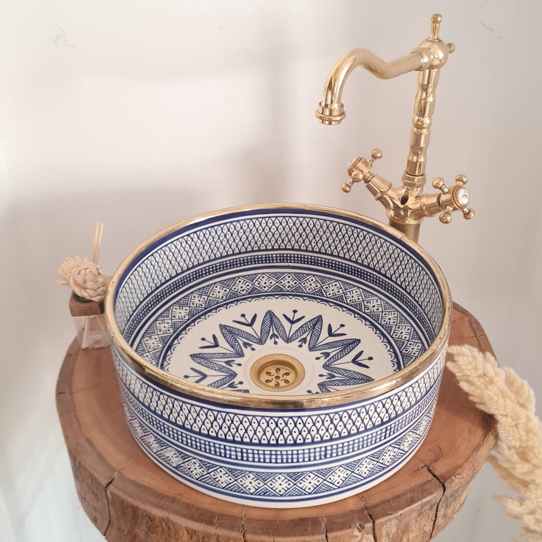 Handmade Oceanic Blue Ceramic Sink With Brass Rim & Drain - Etsy