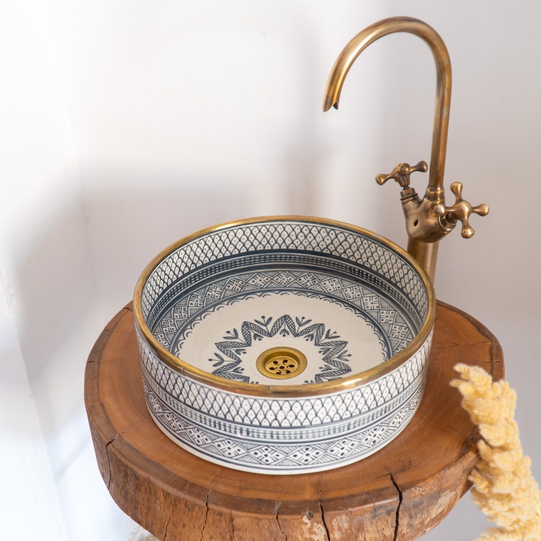 Handmade Ceramic Sink With Brass Rim: Gray Bathroom Vanity Centerpiece ...