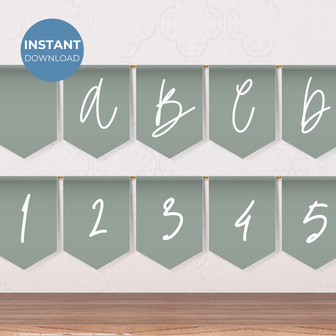 Sage Green Party Alphabet Banner Letters A to Z Numbers Symbols Happy ...