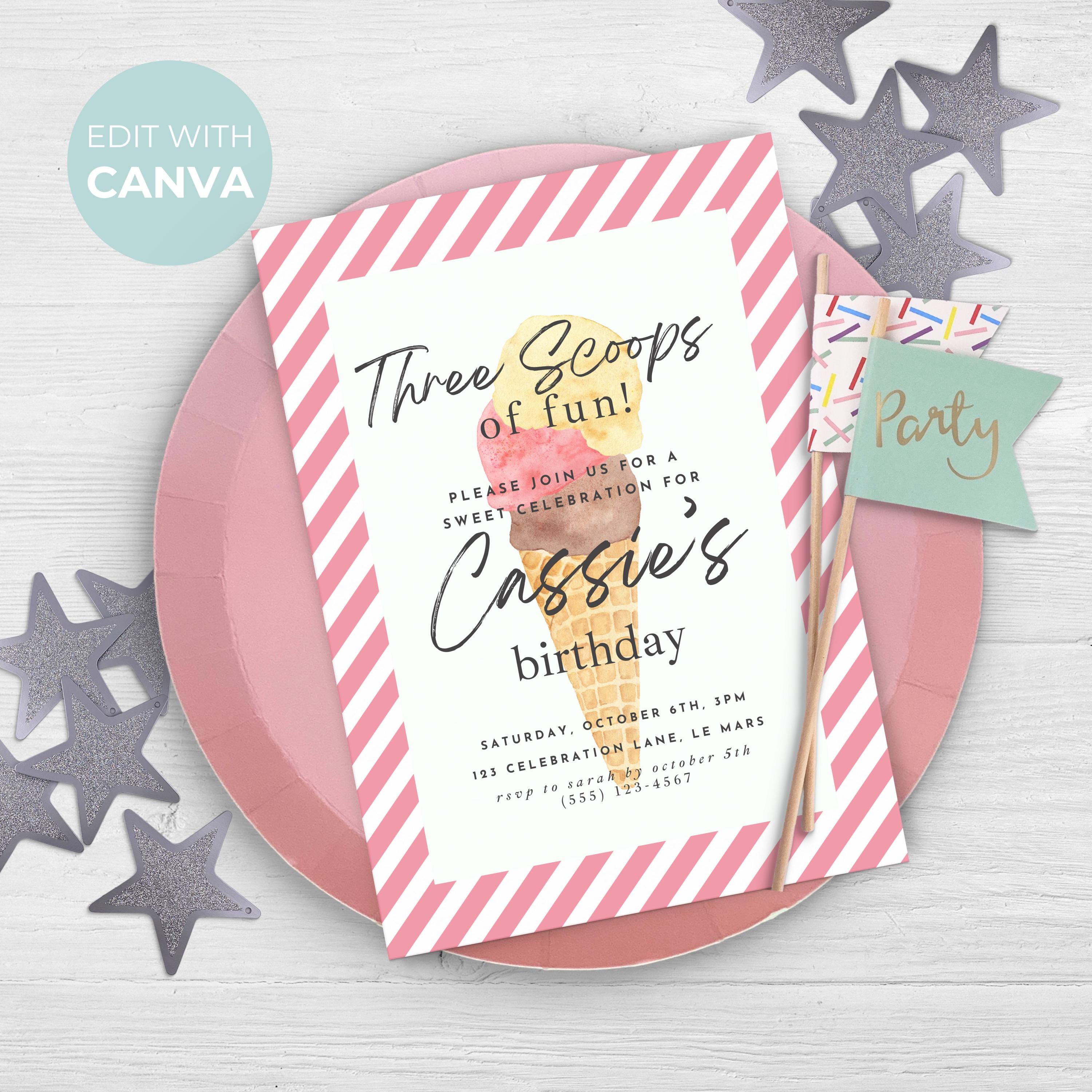 Three Scoops of Fun Birthday Invite Third Birthday Girls Invitation Ice ...