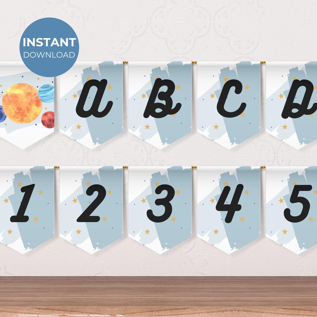 Space Party Alphabet Banner Letters A to Z Numbers Symbols Happy ...