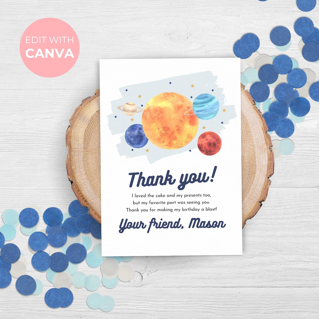 Thank You Note Space Birthday Template Editable Boy Out of This World ...