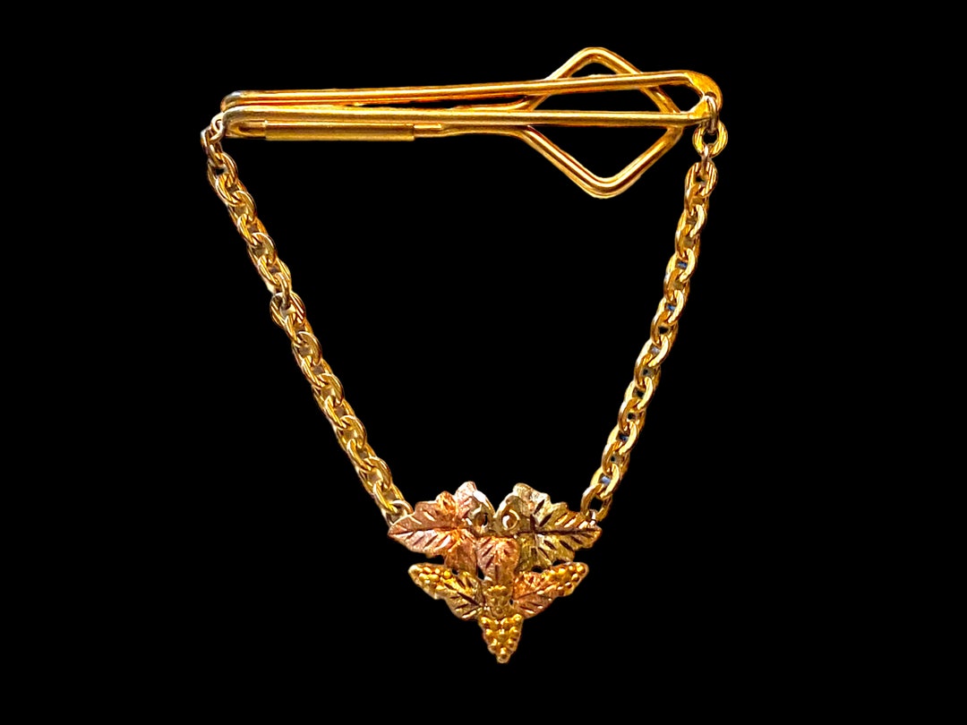 Vintage Swank Tie Bar With Hanging Chain & 10 Karat Black Hills Gold ...