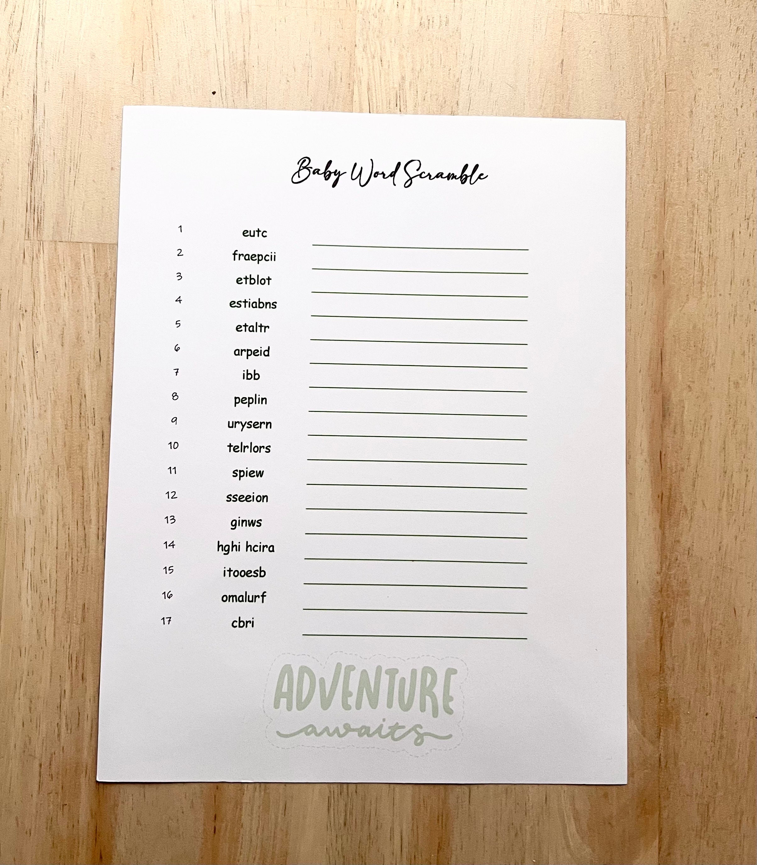 Baby Shower Game - Baby Word Scramble - Adventure Awaits Theme ...