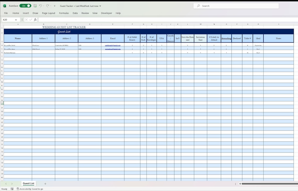 Simple Wedding Guest Template Excel File - Spreadsheet Digital Download ...