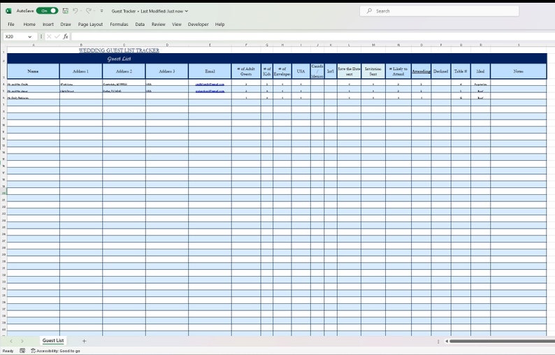 Simple Wedding Guest Template Excel File - Spreadsheet Digital Download ...