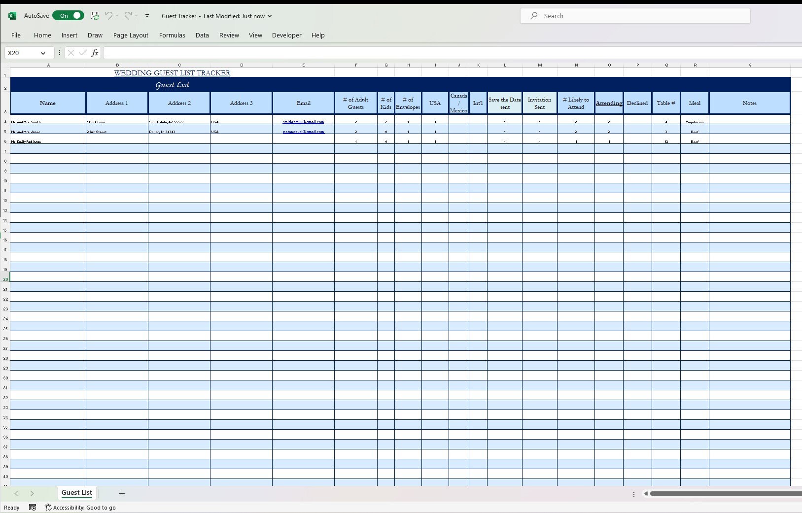 Simple Wedding Guest Template Excel File - Spreadsheet Digital Download ...