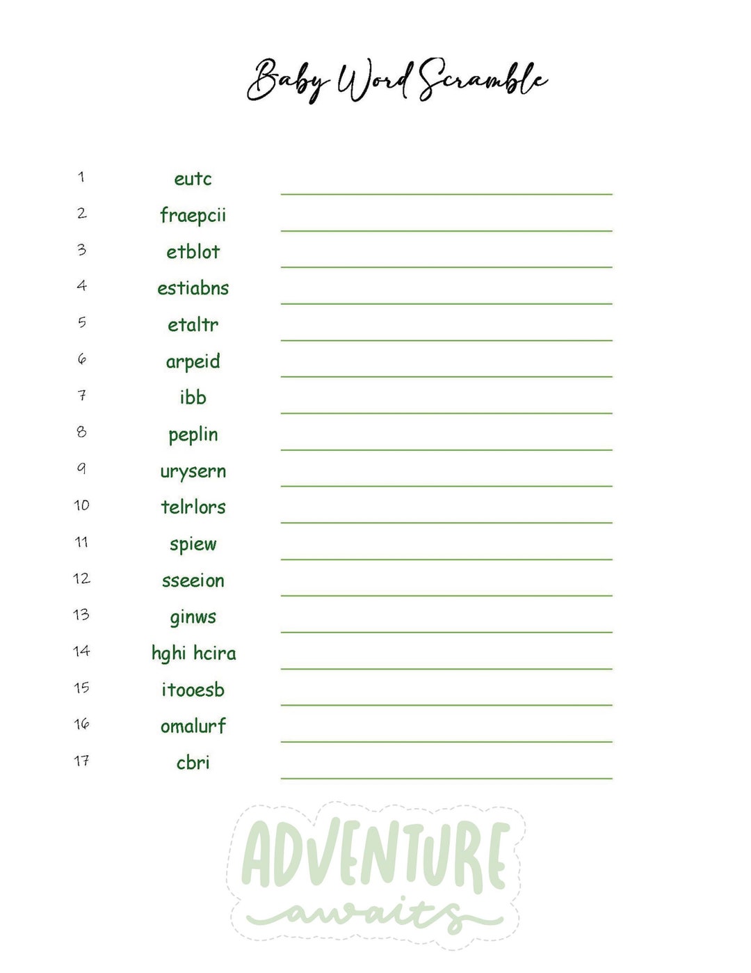 Baby Shower Game - Baby Word Scramble - Adventure Awaits Theme ...