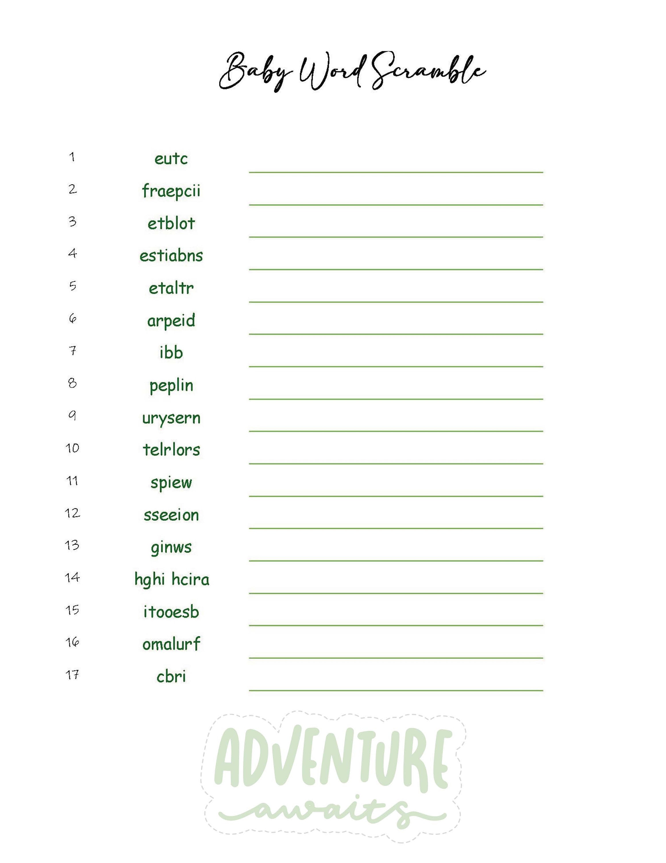 Baby Shower Game - Baby Word Scramble - Adventure Awaits Theme ...