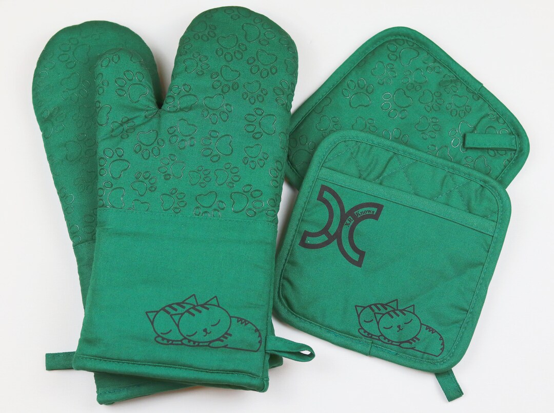 Tabby Cat Green Oven Mitts Cute Silicone Paw Print Kitchen Gloves Cat ...