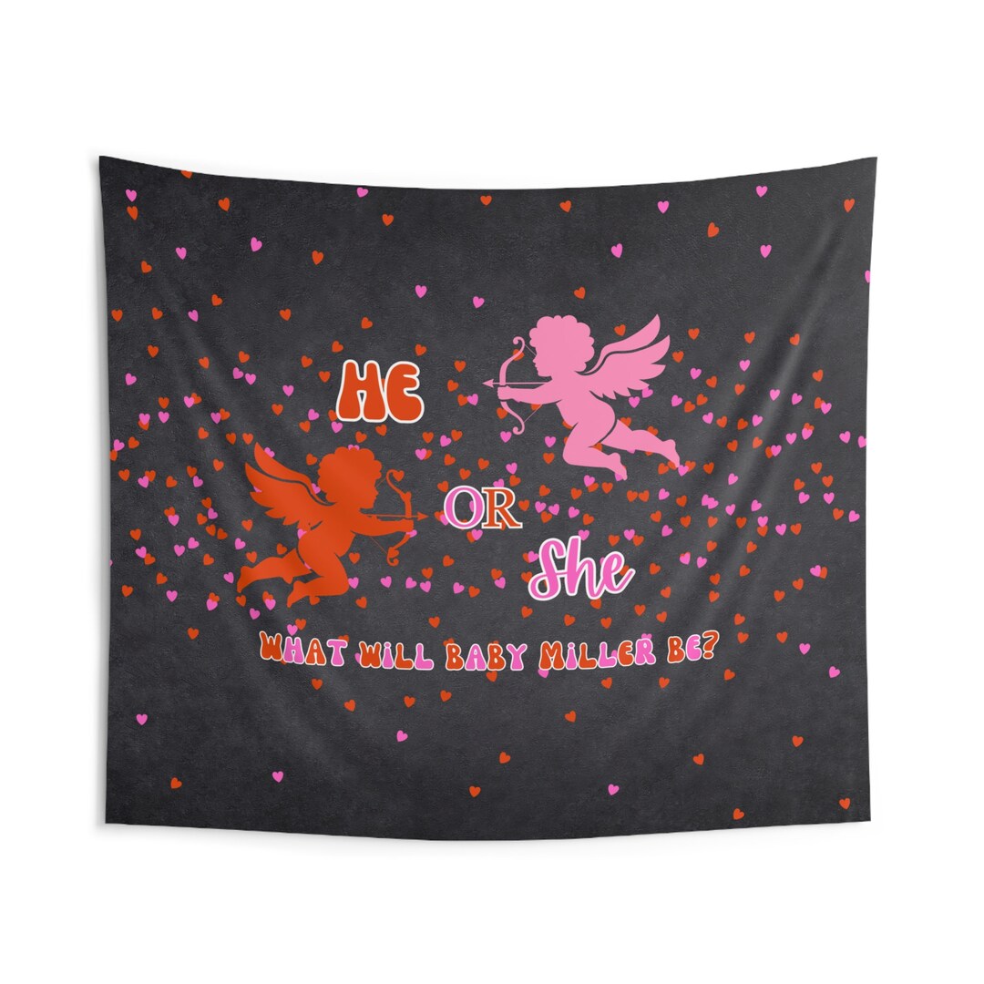 Custom Cupid He or She Theme Gender Reveal Baby Shower Tapestry ...