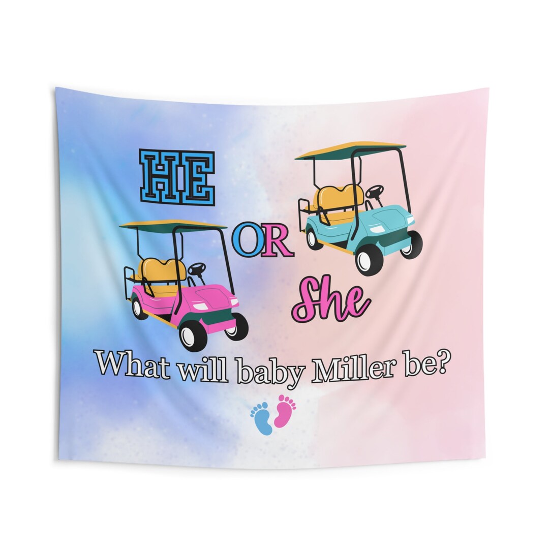 Custom He or She Golf Theme Gender Reveal Baby Shower Tapestry Backdrop ...
