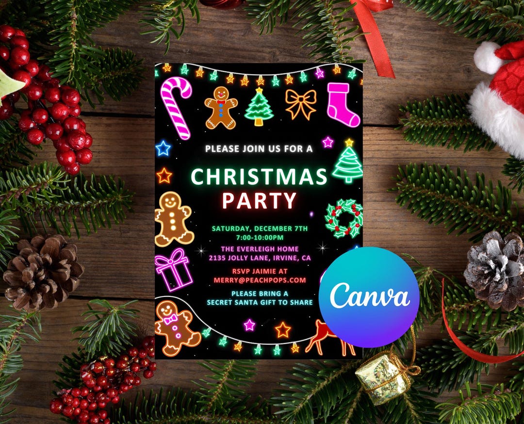 Editable Neon Glow Christmas Party Invitation, Glow Invitation for ...