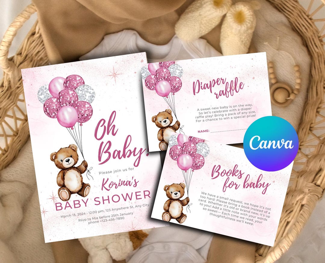 Pink Teddy Bear Baby Shower Invitation | Editable Canva Template - Etsy