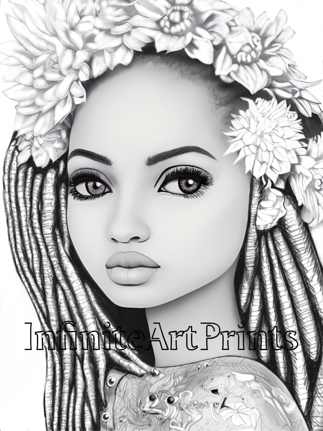 Beautiful African American Flower Girl Coloring Page Grayscale
