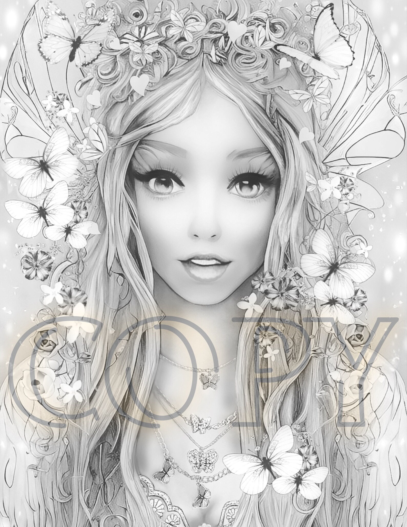 Beautiful Angel Coloring Page, Colouring, Wings, Greyscale, Instant ...