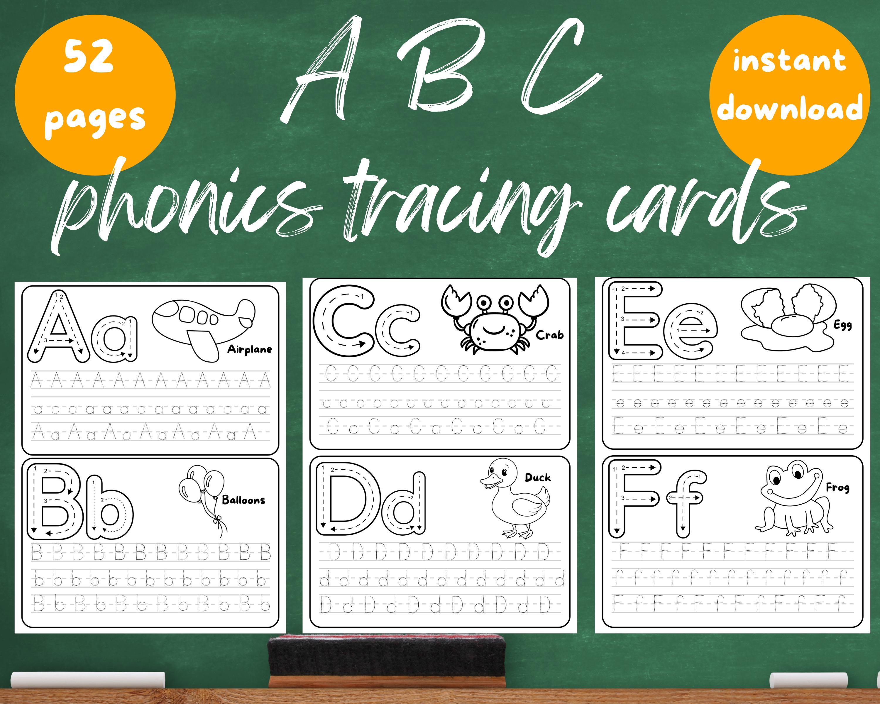52 PAGES ABC PHONICS Tracing Cards, Preschool, Toddler, Kindergarten ...