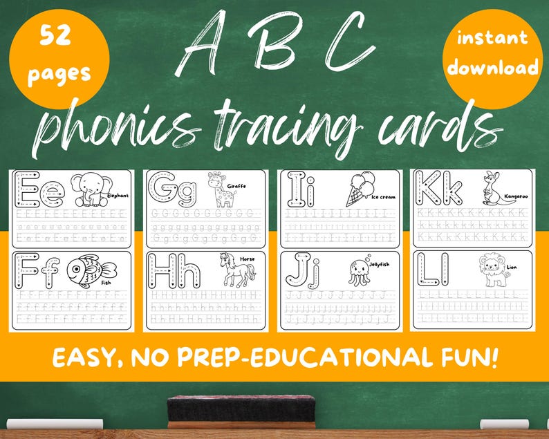 52 PAGES ABC PHONICS Tracing Cards, Preschool, Toddler, Kindergarten ...