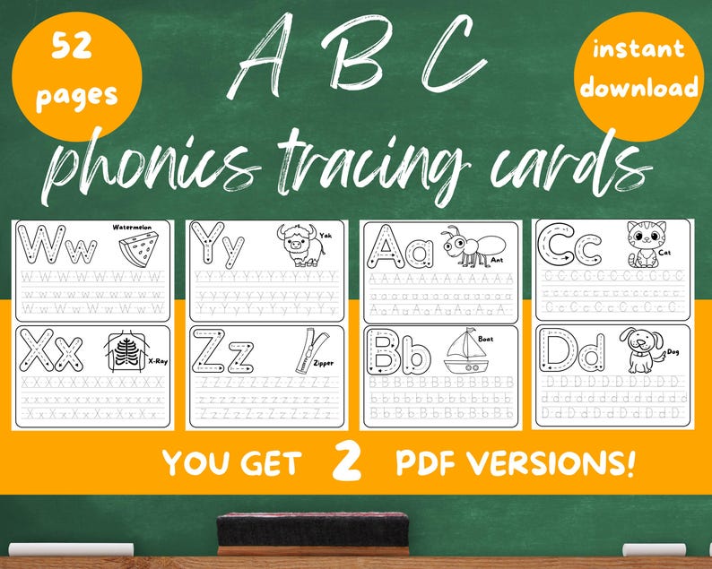 52 PAGES ABC PHONICS Tracing Cards, Preschool, Toddler, Kindergarten ...