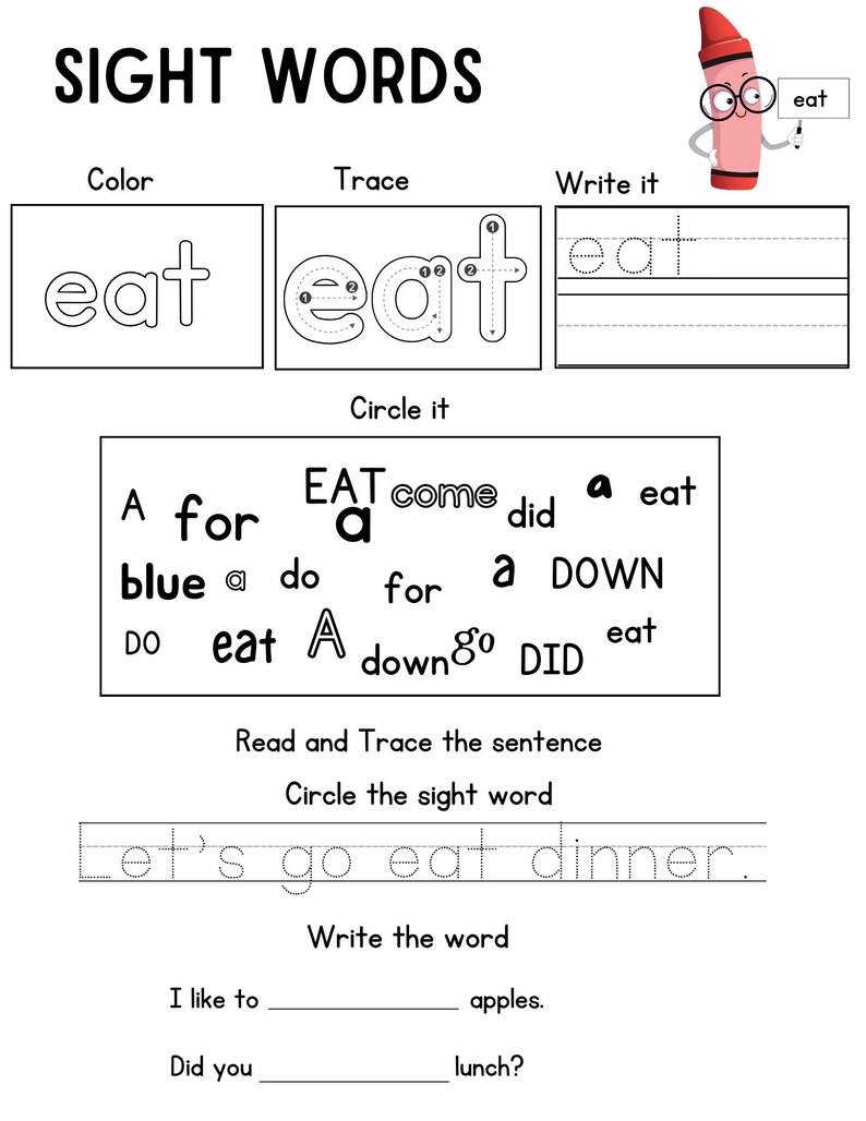 SIGHT WORDS Printable Worksheet, 90 Sight Words Pdf, Preschool, Pre-k ...