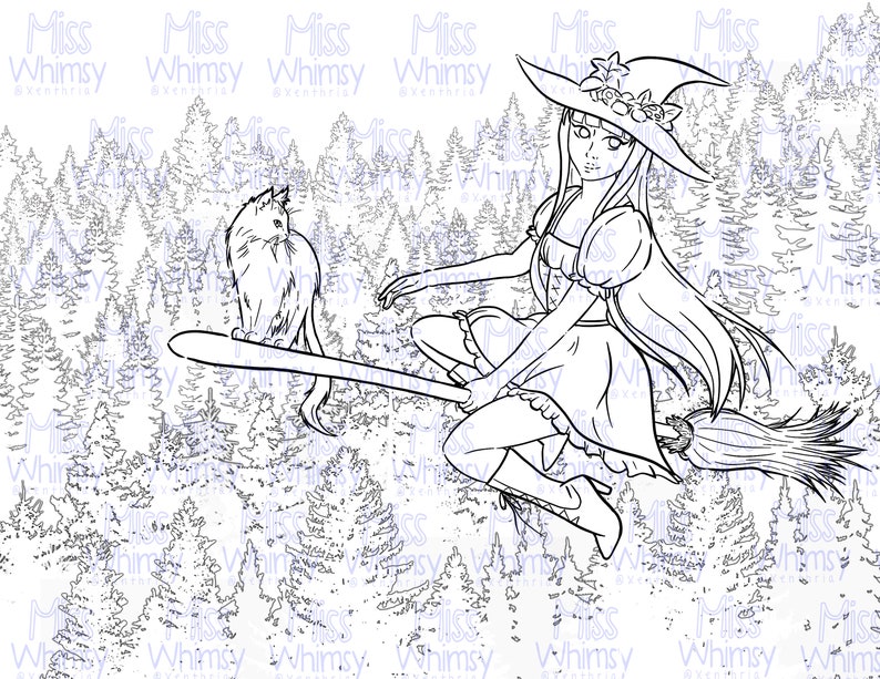 Fall Witch Printable Adult Coloring Page, Halloween Coloring Page, Kids ...