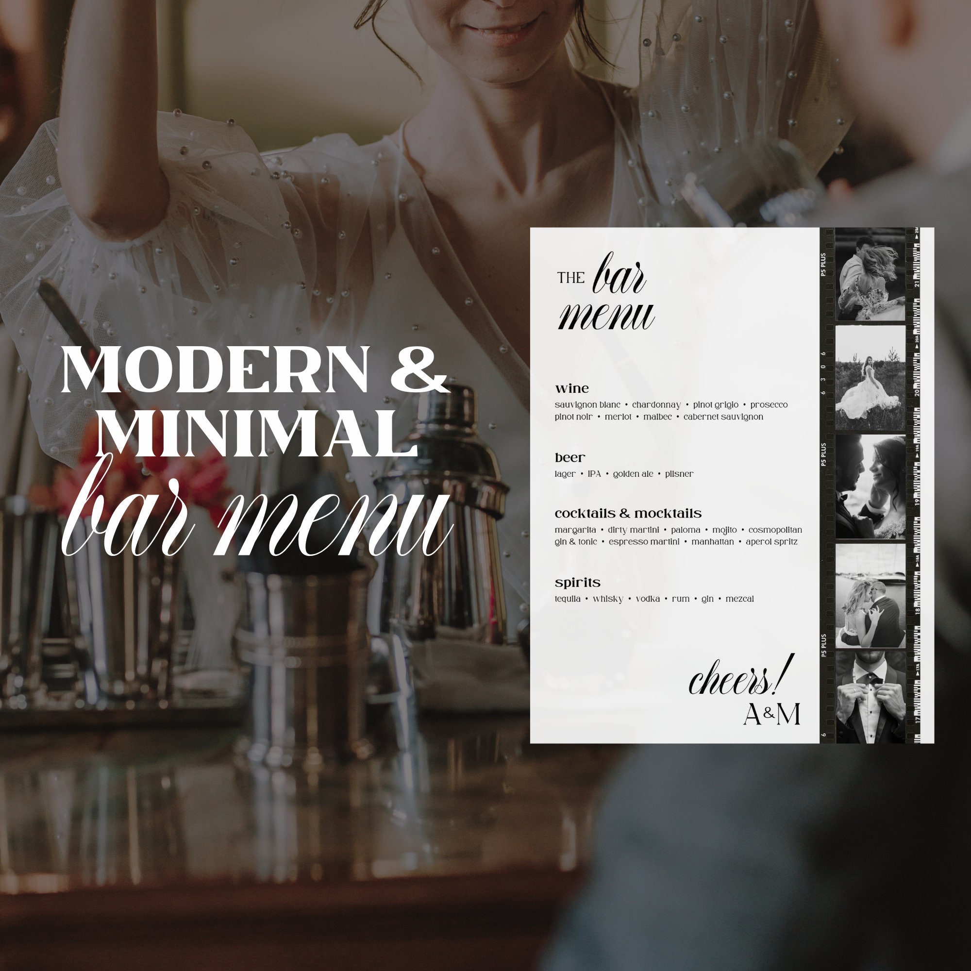 Minimalist Modern Bar Menu Template for Wedding Film Strip 8x10 Canva Template Editable ...