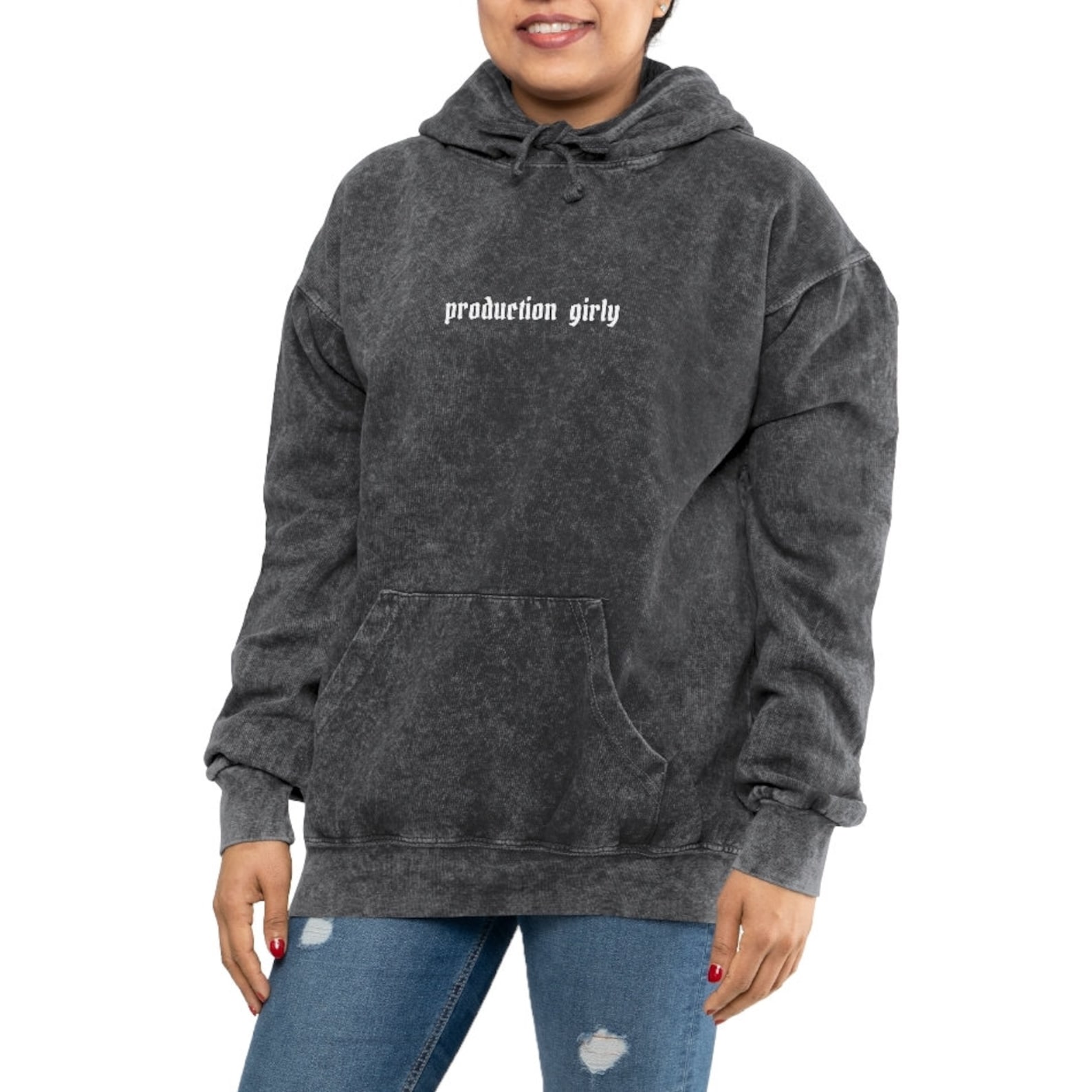 Production Girly Mineral Wash Hoodie With Front Pocket and Drawstrings ...