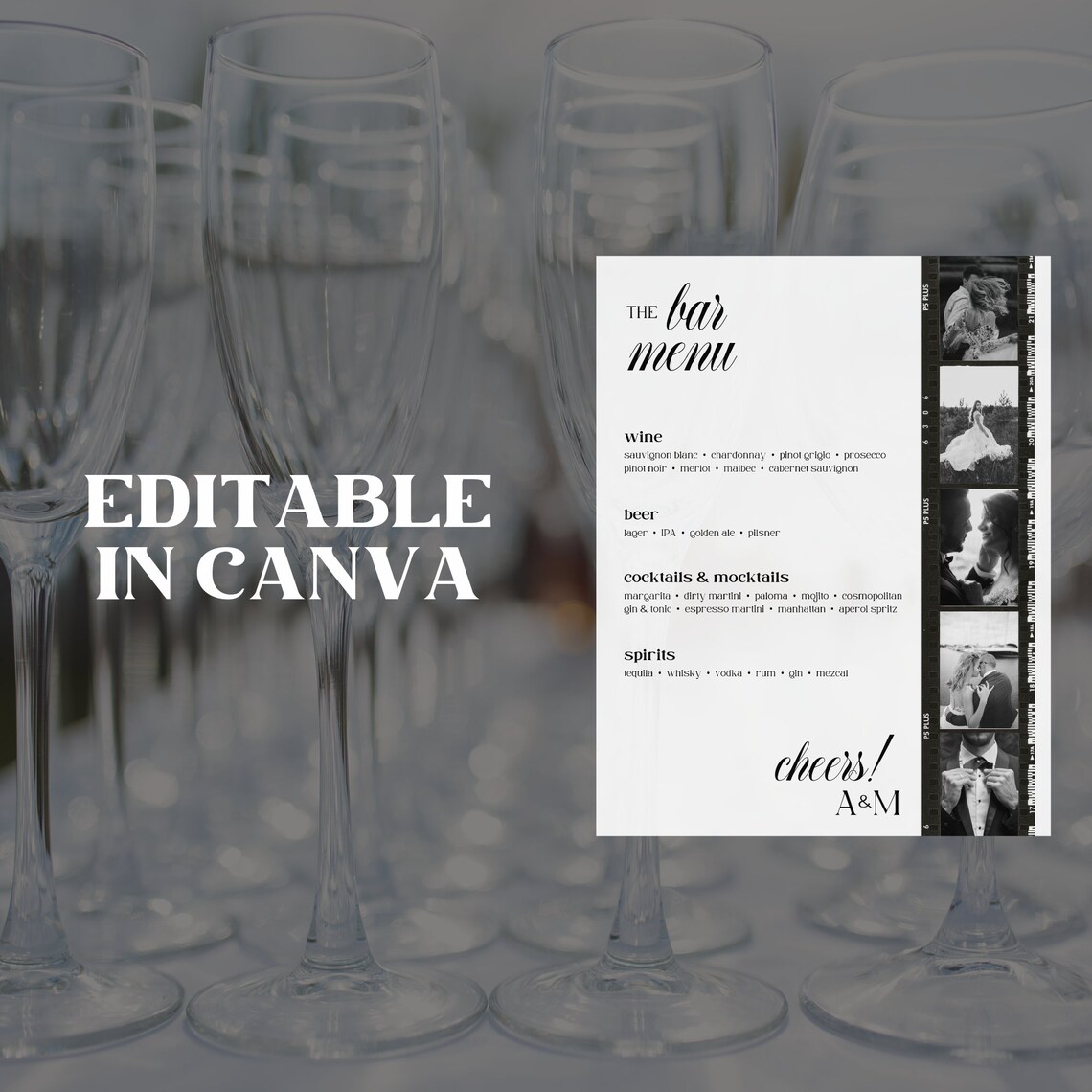 Minimalist Modern Bar Menu Template for Wedding Film Strip 8x10 Canva ...