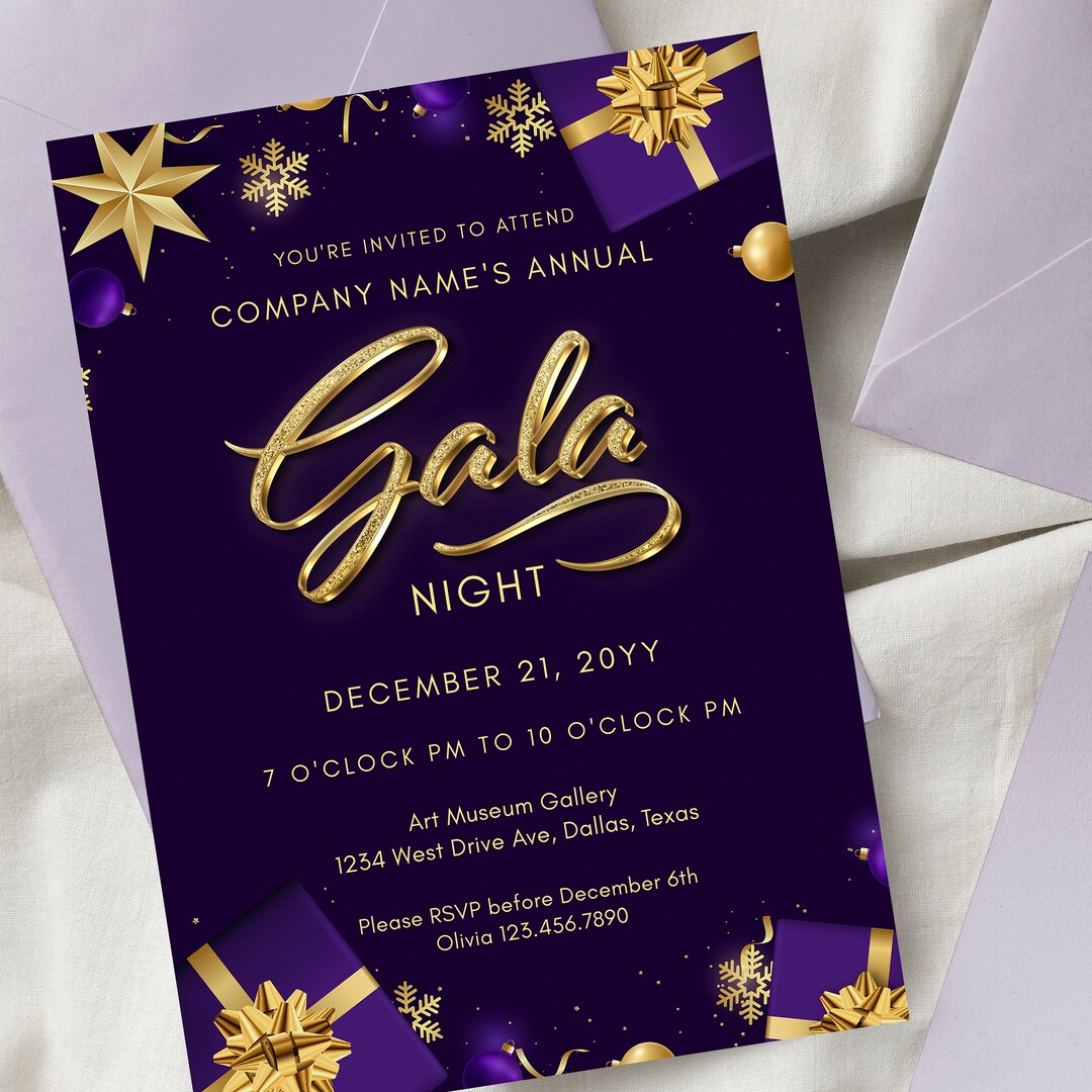 Editable Purple and Gold Gala Invitation Template, Corporate Invitation ...