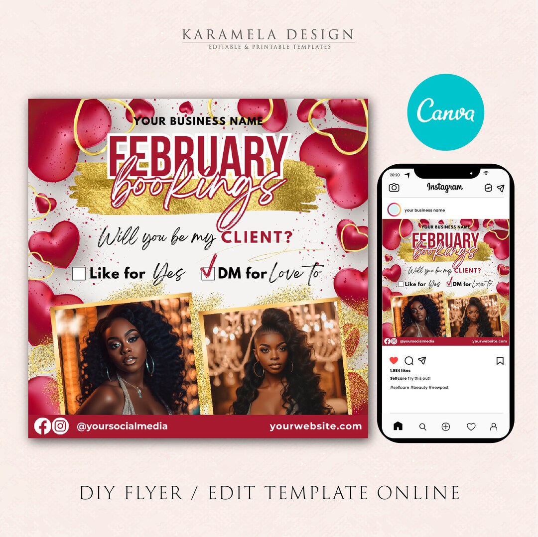 February Booking Flyer Template, Hair Booking Flyer, Valentines Day ...