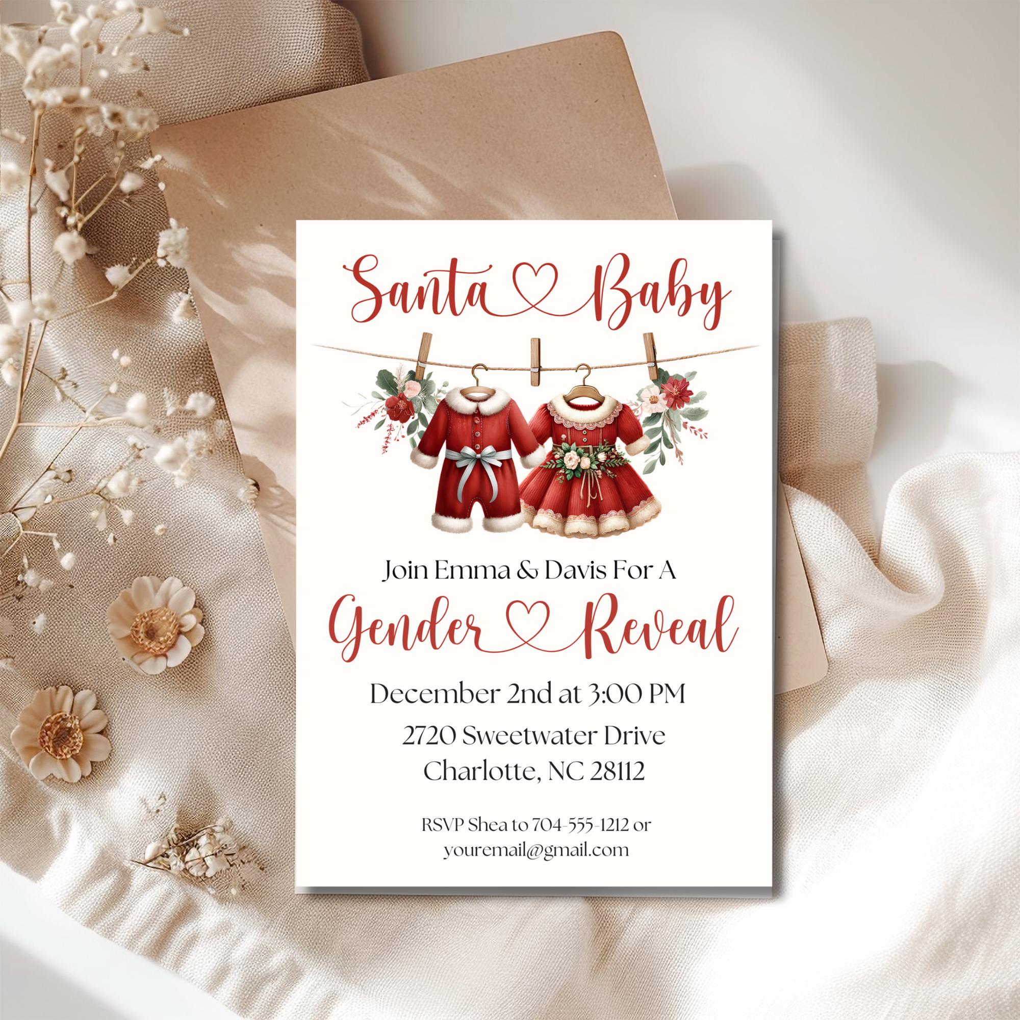 Christmas Gender Reveal Invitation Set, Santa Baby Theme, Gender Reveal ...