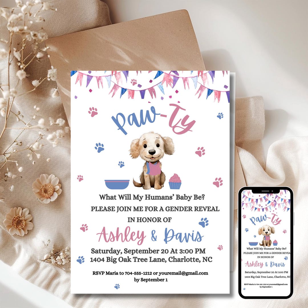 Paw-ty Gender Reveal Invitation: Dog Theme (digital Invite) - Etsy
