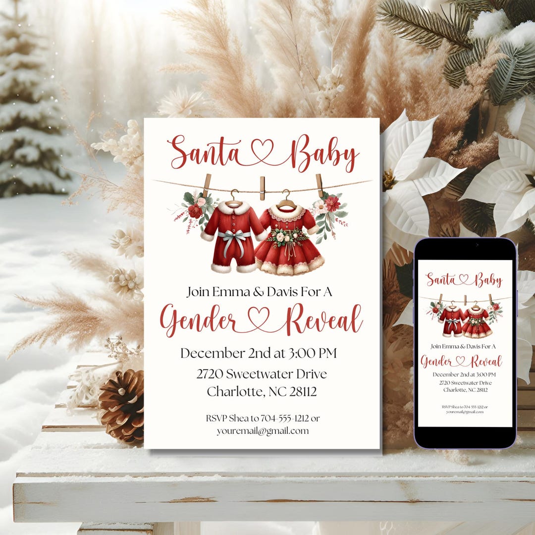 Christmas Gender Reveal Invitation Set, Santa Baby Theme, Gender Reveal ...
