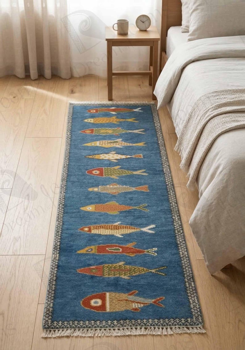 Handmade Fish Runner Rug, Hand Knotted Wool Coastal Hallway Runner ...