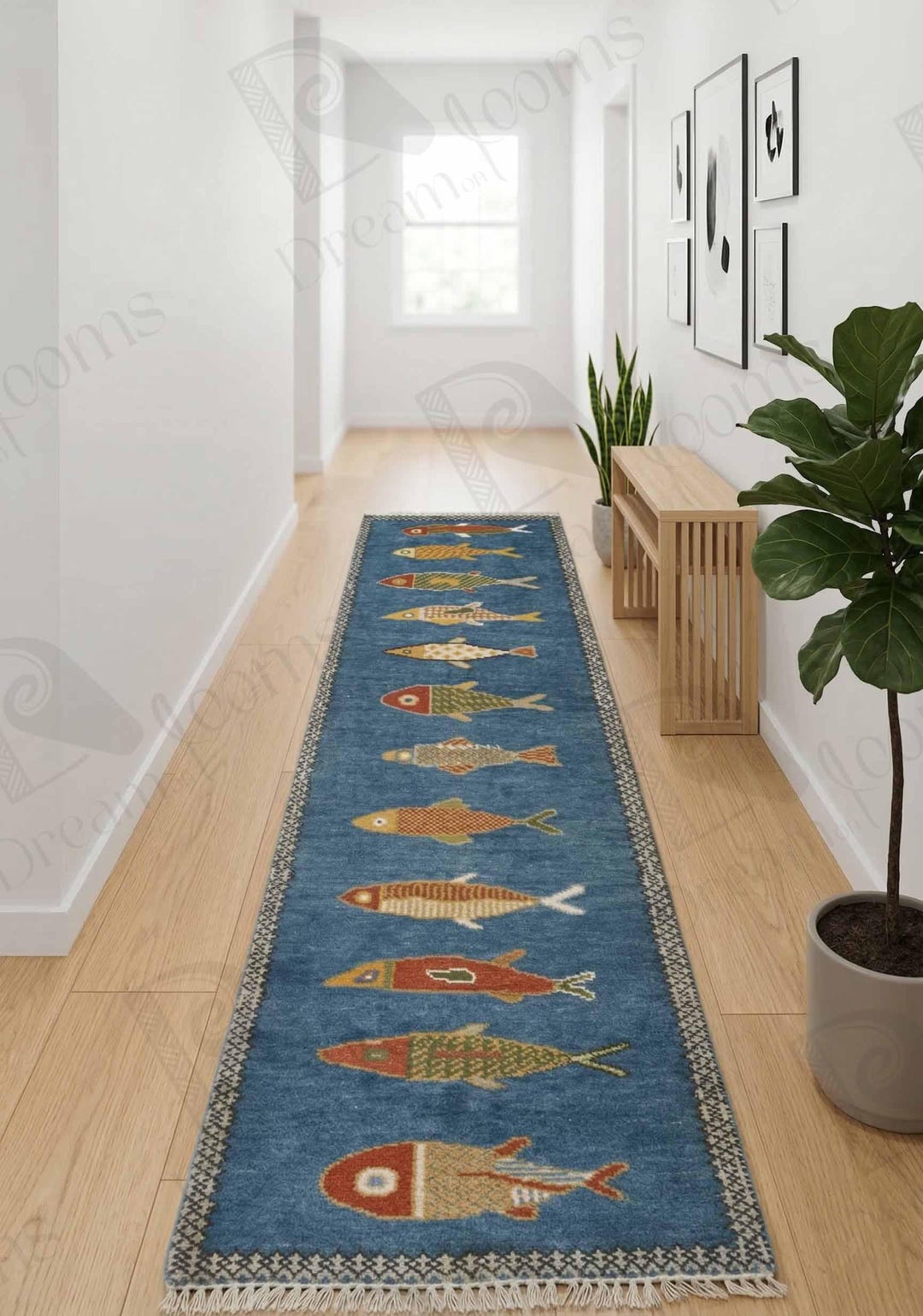 Handmade Fish Runner Rug, Hand Knotted Wool Coastal Hallway Runner ...