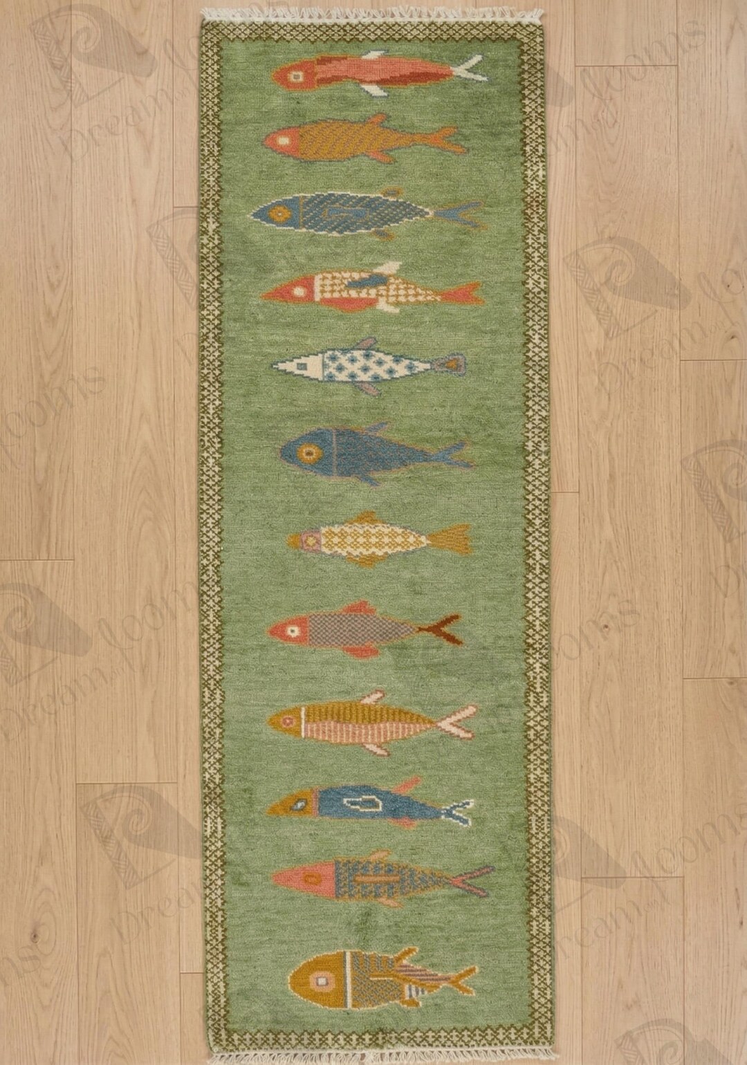 Handmade Sage Green Fish Runner Rug, Hand Knotted Wool Coastal Hallway ...