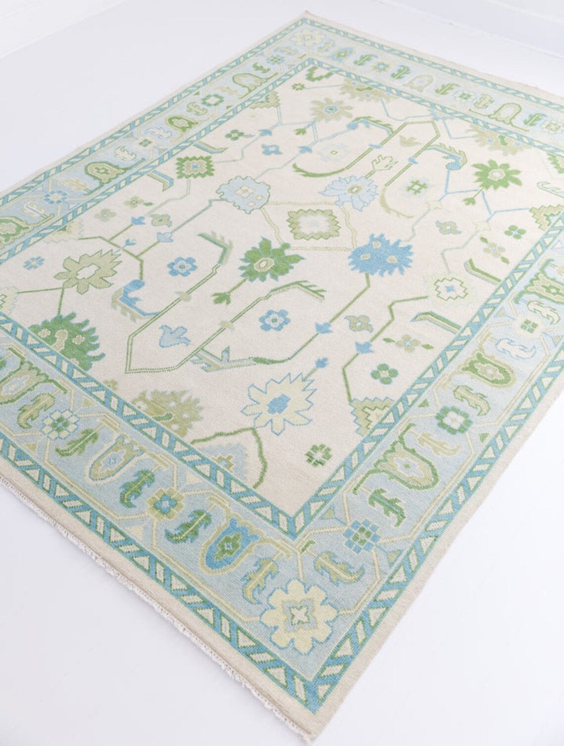 Oushak Rug,blue Beige Hand Knotted Wool Rug | Accent-blue Green Beige ...