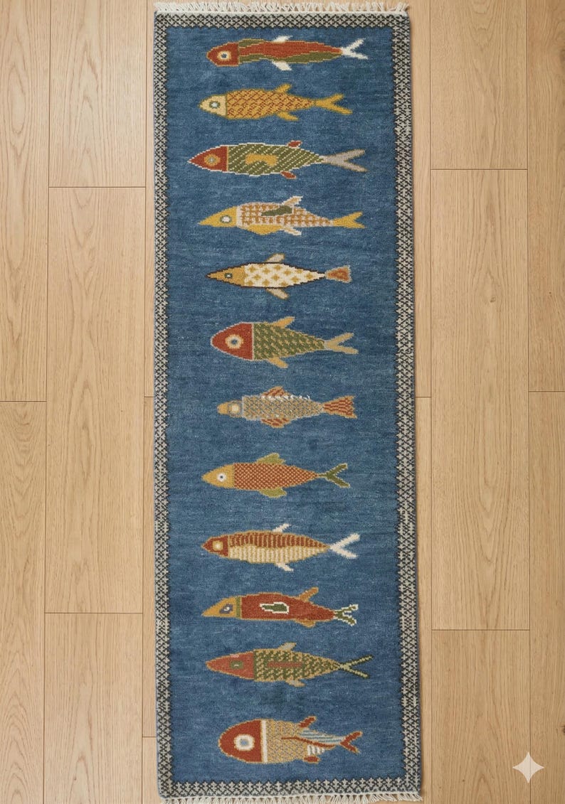 Handmade Fish Runner Rug, Hand Knotted Wool Coastal Hallway Runner ...