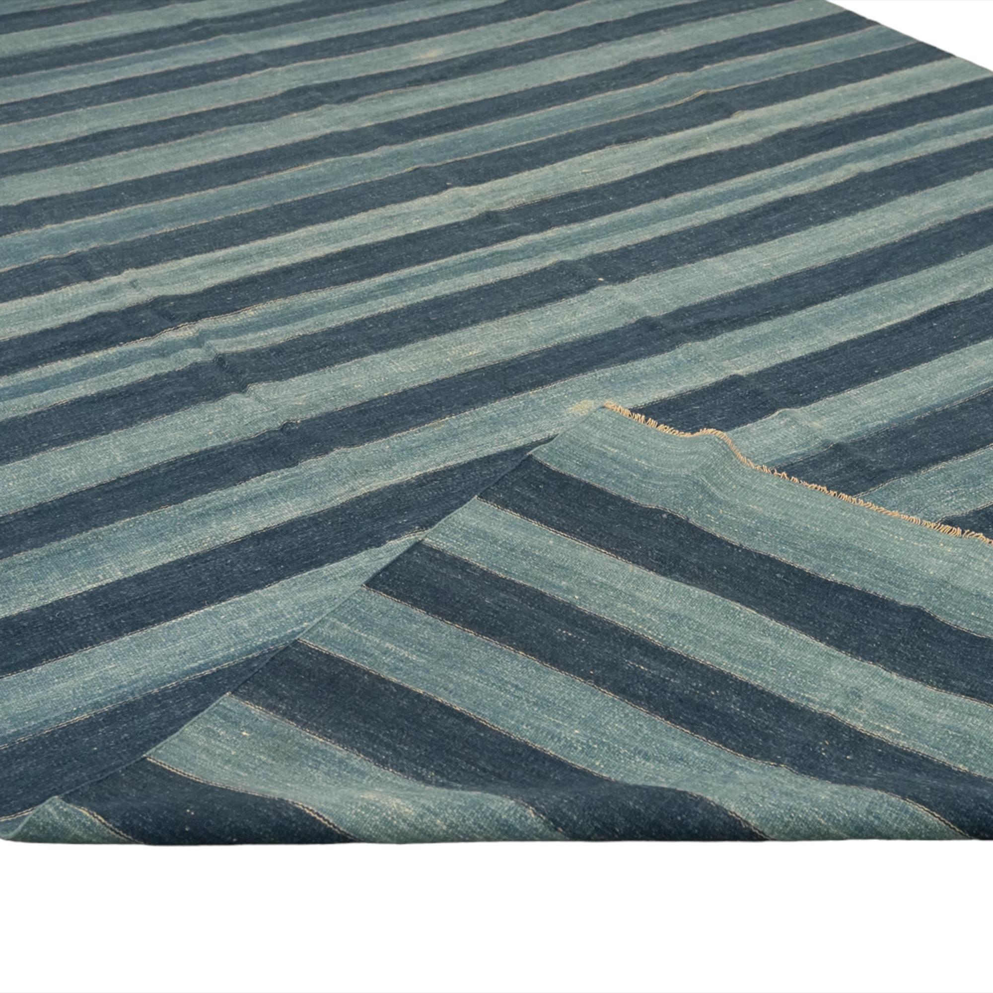 Handmade Blue Striped Dhurrie Rug, Modern Cotton Flatweave Area Rug ...