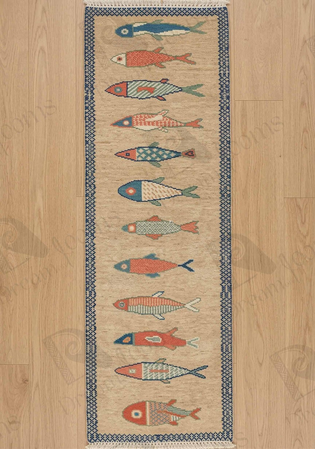 Handmade Fish Runner Rug – Hand Knotted Wool Hallway Runner, Nautical ...