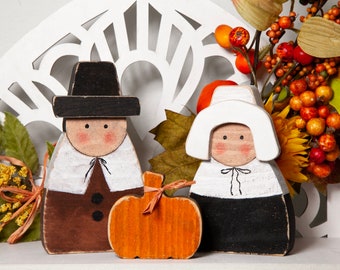 Standing Pilgrim Couple, Wood Pilgrims, Thanksgiving Decor - Etsy