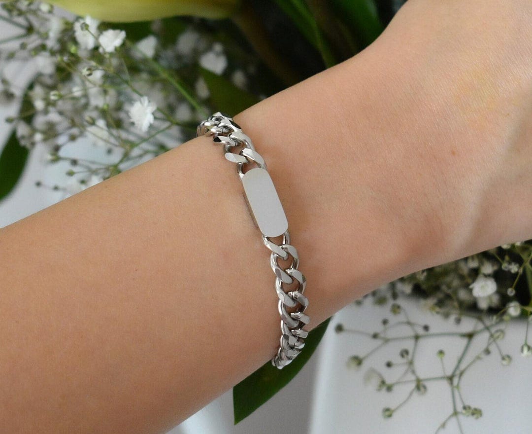 Custom Man Silver Bracelet, Thick Curby Cuban Chain Bracelet Waterproof ...