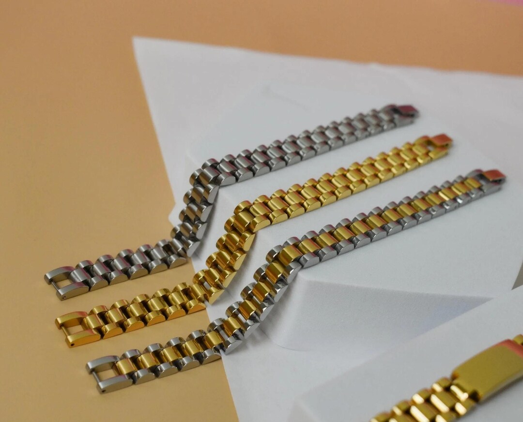 18K Gold Silver Watch Band, Two Tone Bracelet Dad Father Men Mens Mom ...