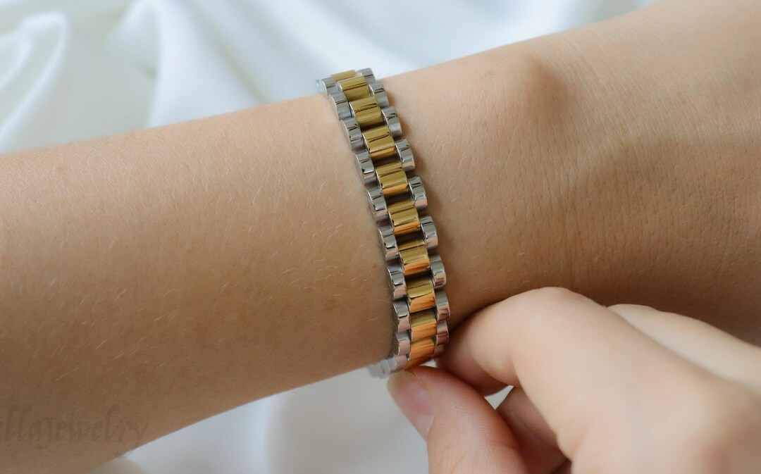 18K Gold Silver Watch Band, Two Tone Bracelet Dad Father Men Mens Mom ...